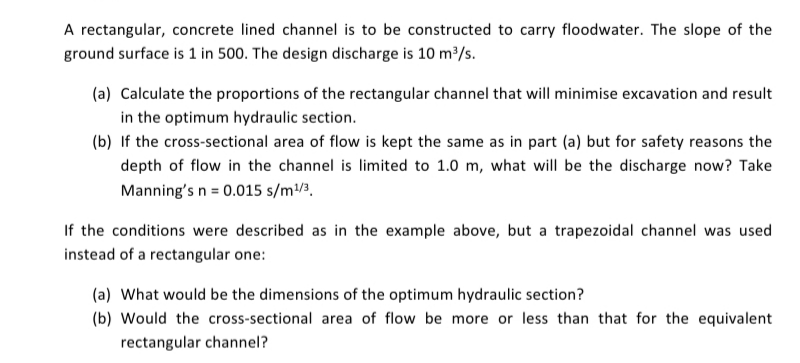 Solved A rectangular, concrete lined channel is to be | Chegg.com