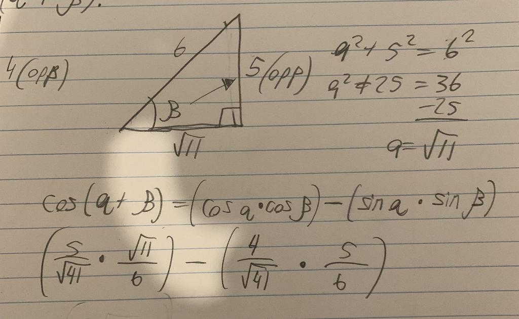 Solved 4(0pβ) (opp) a2+52=62 a2+25=36 11−25 | Chegg.com