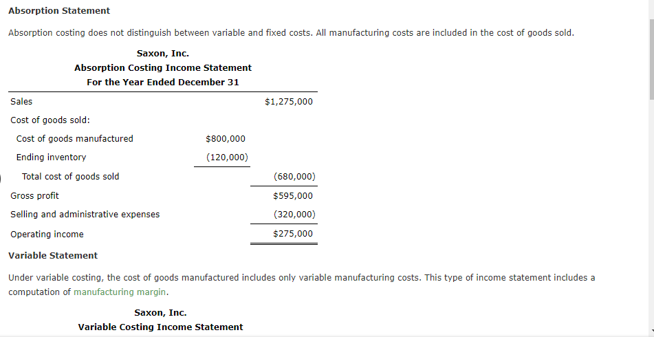 Solved Mastery Problem: Variable Costing for Management | Chegg.com
