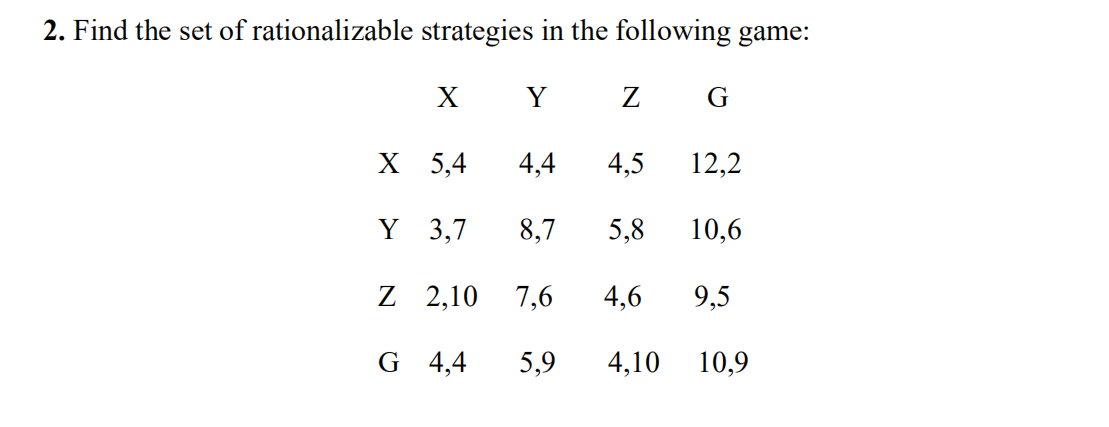 Solved 2. Find the set of rationalizable strategies in the | Chegg.com