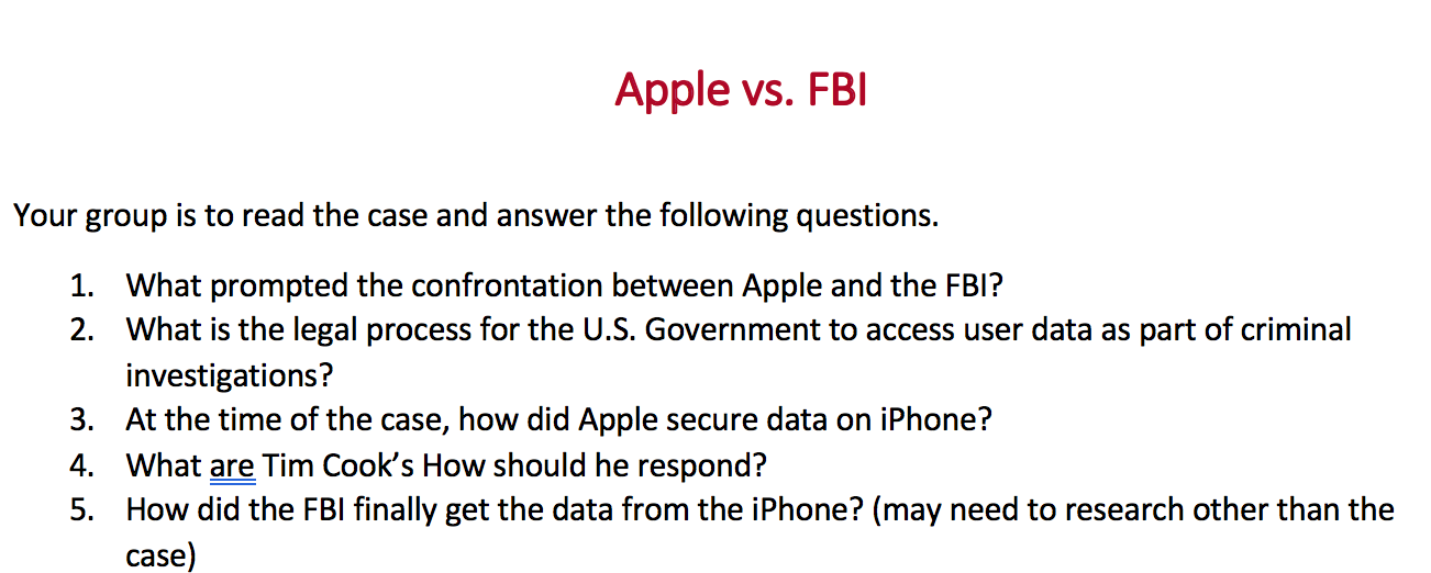 Apple vs. FBI Your group is to read the case and | Chegg.com
