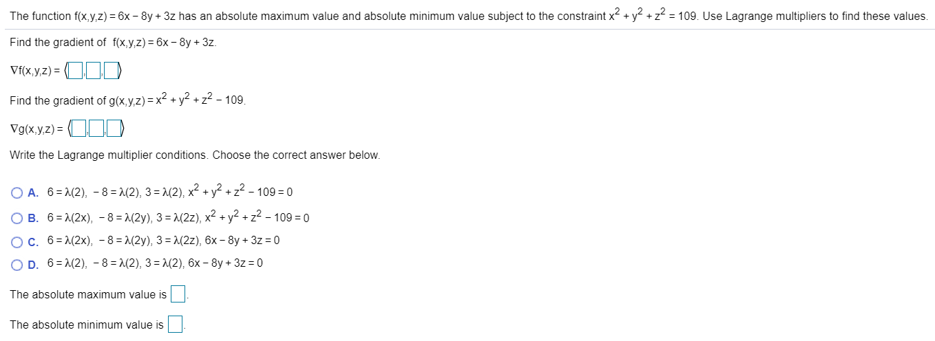 Solved The function f(x,y,z) = 6x - 8y + 3z has an absolute | Chegg.com