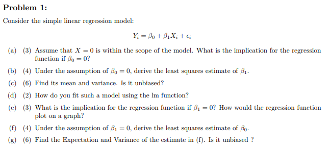 Solved Problem 1: Consider the simple linear regression | Chegg.com