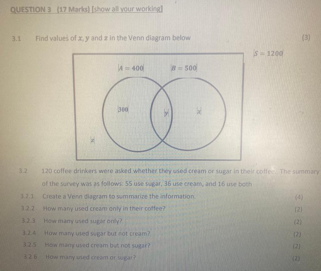 Solved 3.1 Find values of x,y and z in the Venn diagram | Chegg.com