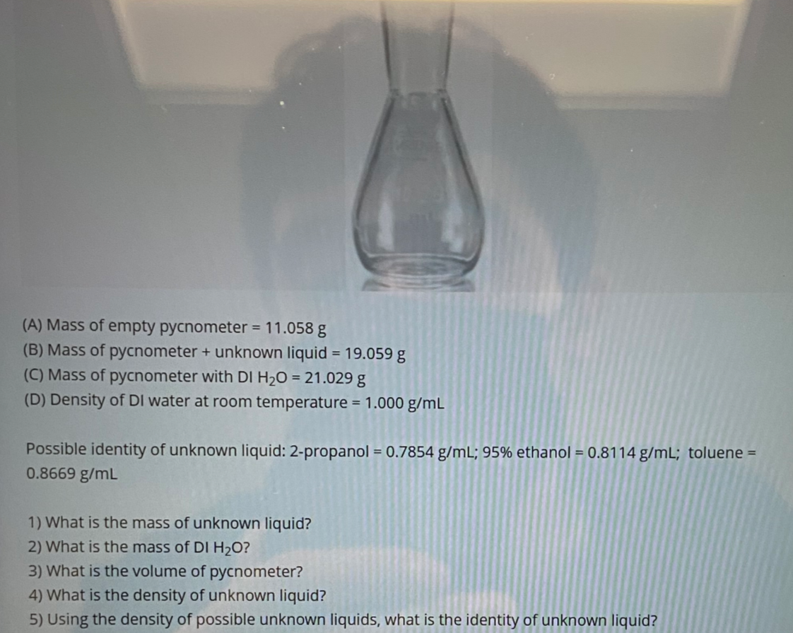 Solved (A) Mass of empty pycnometer = 11.058 g (B) Mass of | Chegg.com