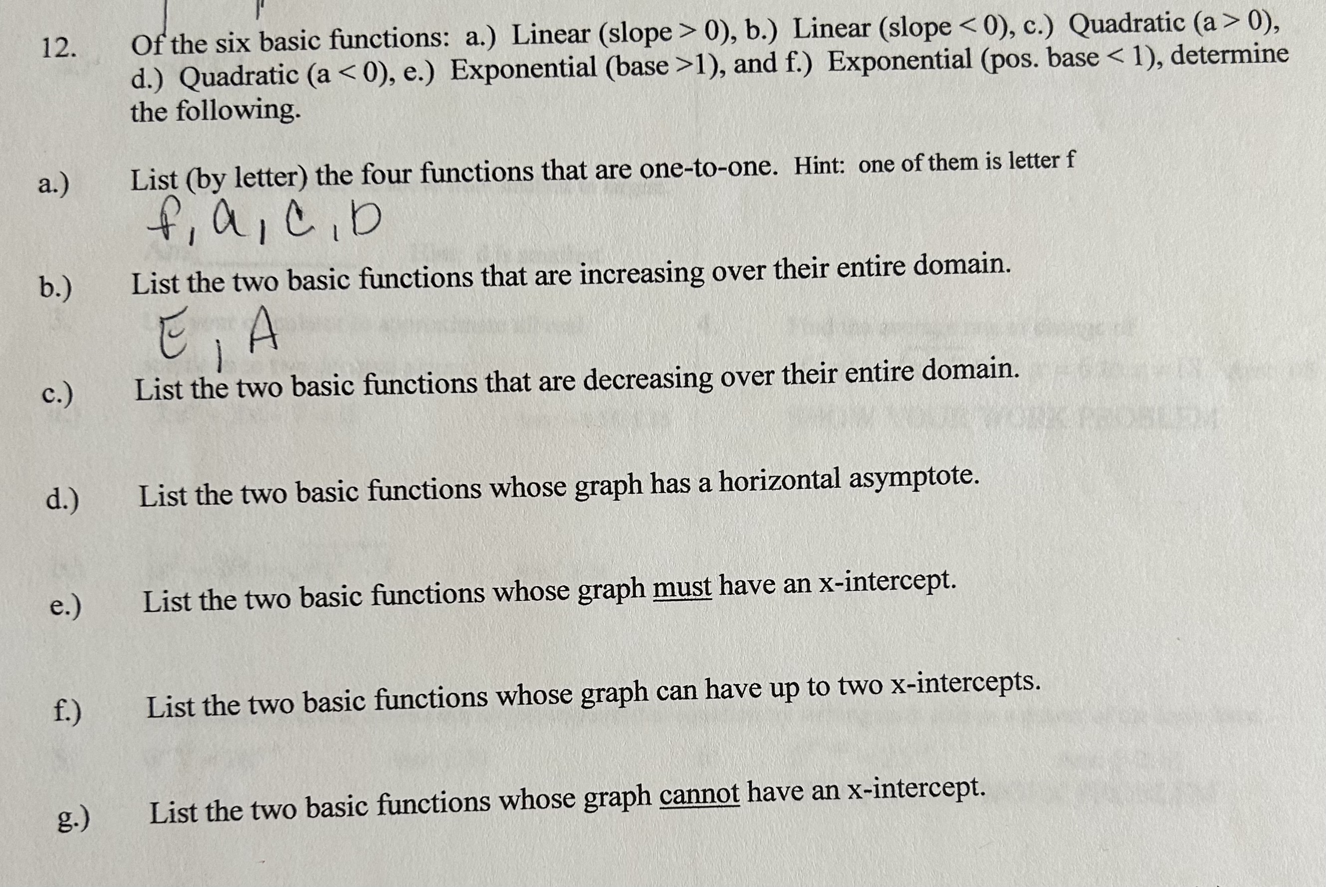 Solved 12. Of the six basic functions: a.) Linear (slope >0 | Chegg.com