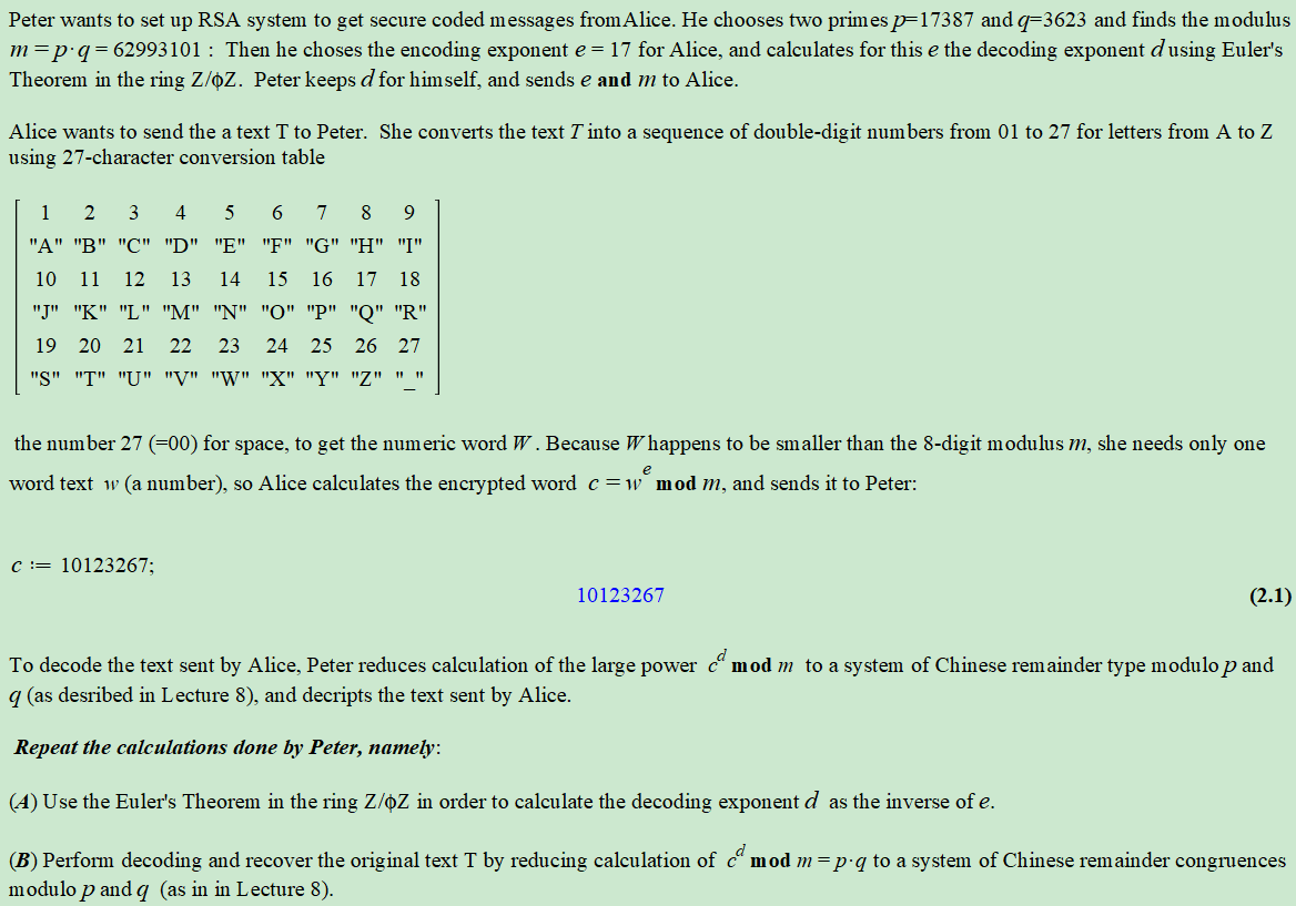 Solved Peter wants to set up RSA system to get secure coded | Chegg.com