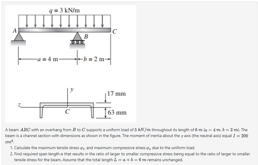 Solved A beam ABC with an overhang from B to C supports a | Chegg.com