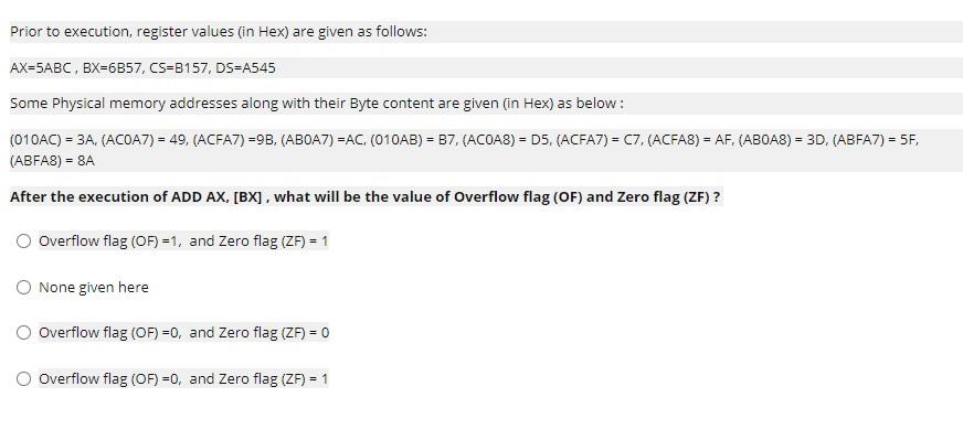 Solved Prior to execution, register values (in Hex) are | Chegg.com