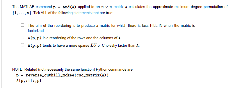 Solved The MATLAB command p=amd(A) applied to an n×n matrix | Chegg.com