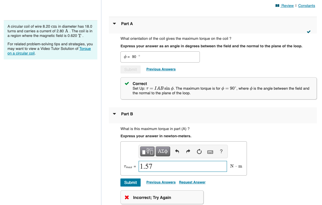 Solved Review | Constants Part A A circular coil of wire | Chegg.com