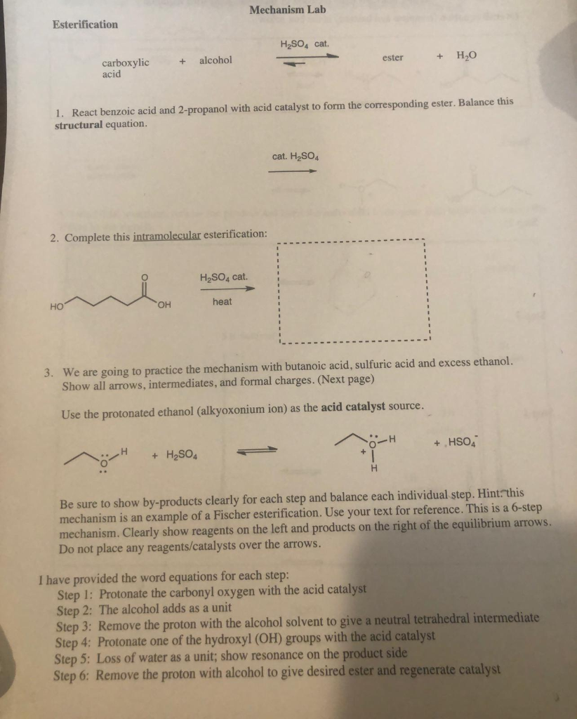 Solved Mechanism Lab Esterification H2SO4 cat. ester + H2O + | Chegg.com