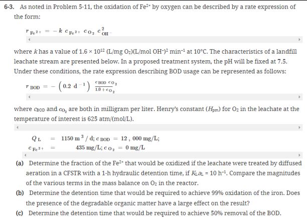 Solved 5-3. As noted in Problem 5-11, the oxidation of Fe2+ | Chegg.com