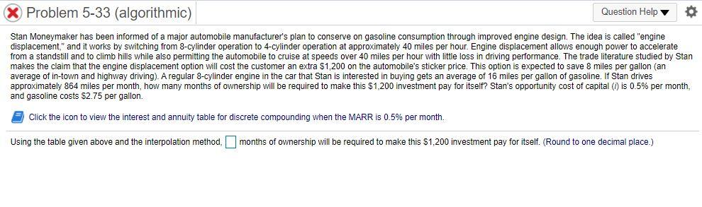 Solved X Problem 5-33 (algorithmic) Question Help Stan | Chegg.com