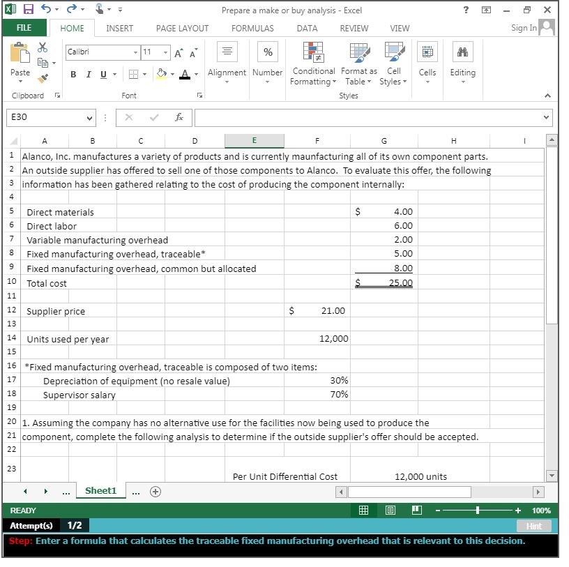 Solved ? - x Prepare a make or buy analysis - Excel FORMULAS | Chegg.com