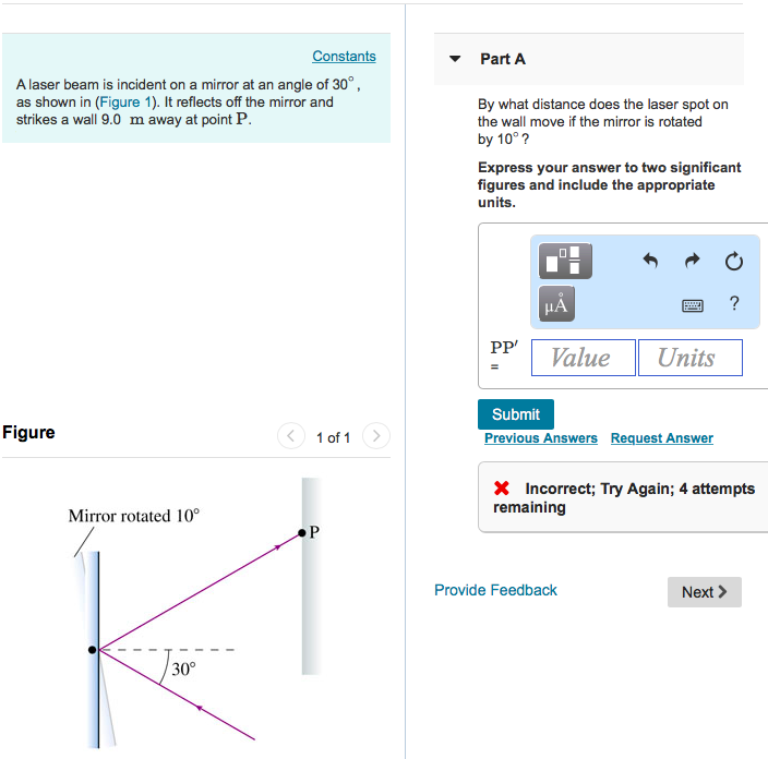 Solved Constants Part A A laser beam is incident on a mirror | Chegg.com
