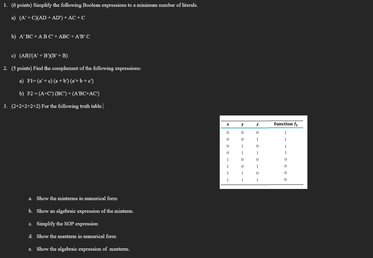 Solved 1 6 Points Simplify The Following Boolean 