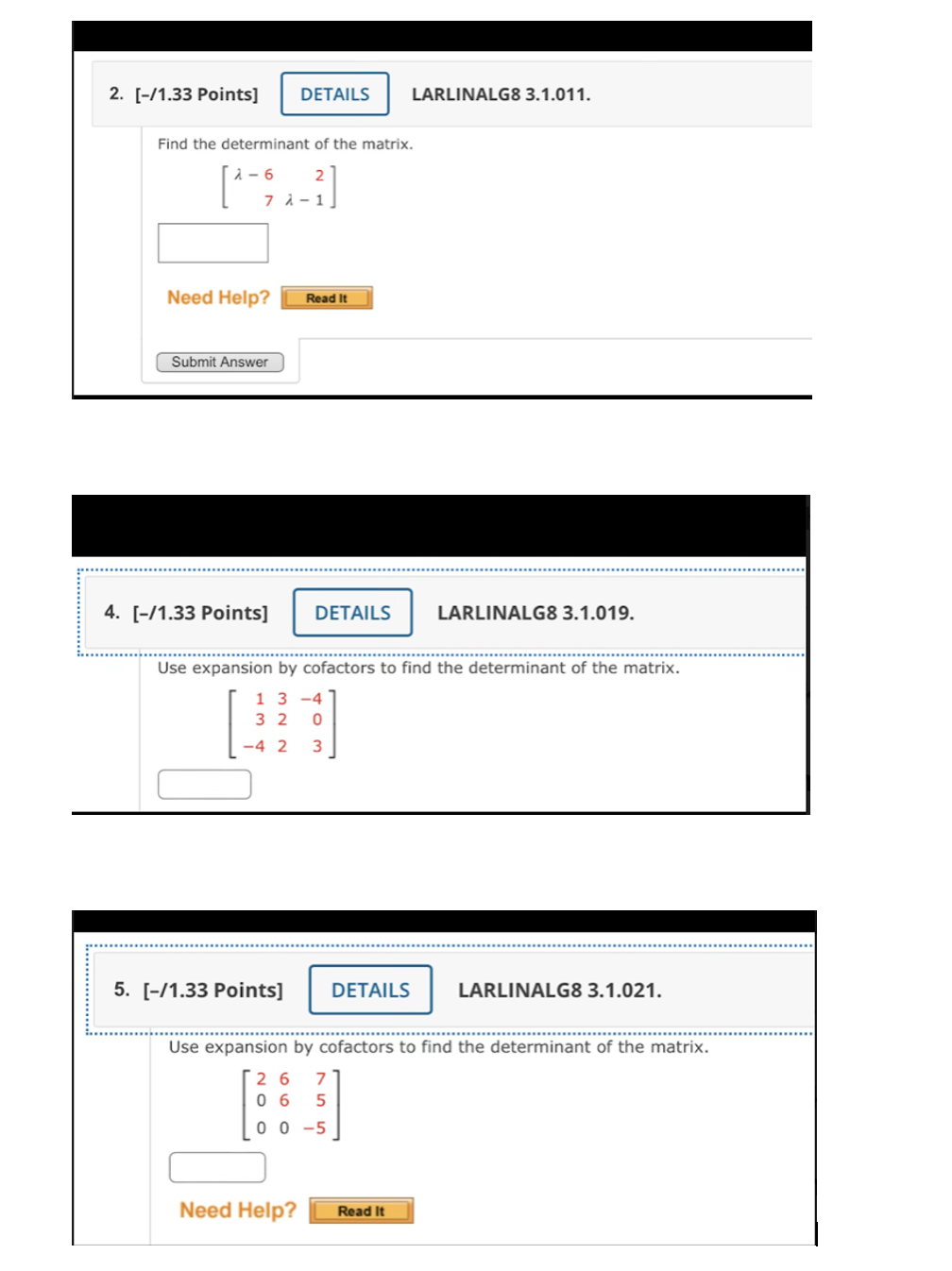Solved 2. [-/1.33 Points] DETAILS LARLINALG8 3.1.011. Find | Chegg.com