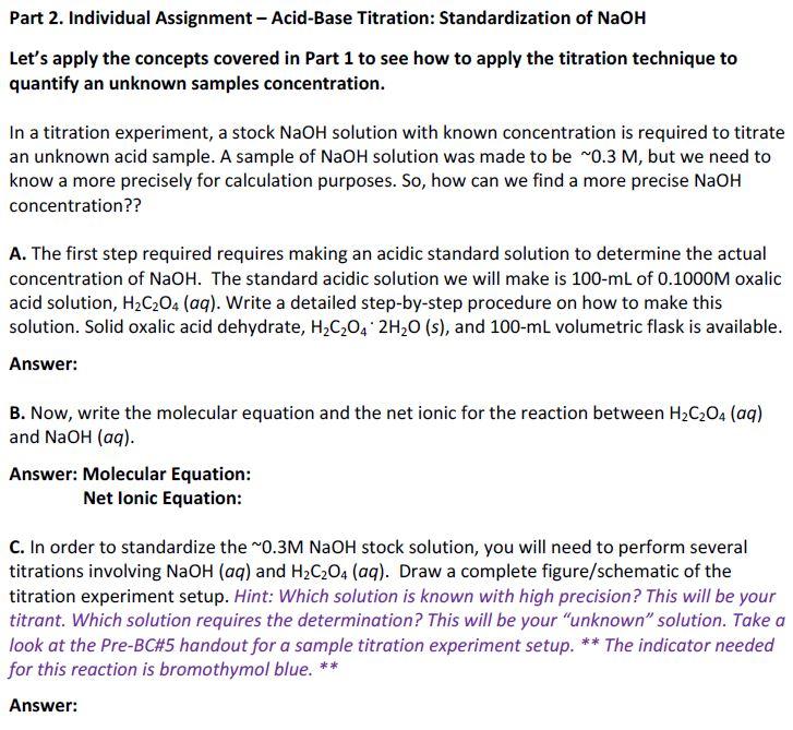 Solved Part 2. Individual Assignment - Acid-Base Titration: | Chegg.com