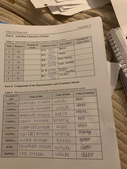 Solved Chem 134 Winter 2019 Experiment 10 Data and Results | Chegg.com