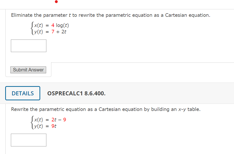 Solved Eliminate the parameter t to rewrite the parametric | Chegg.com