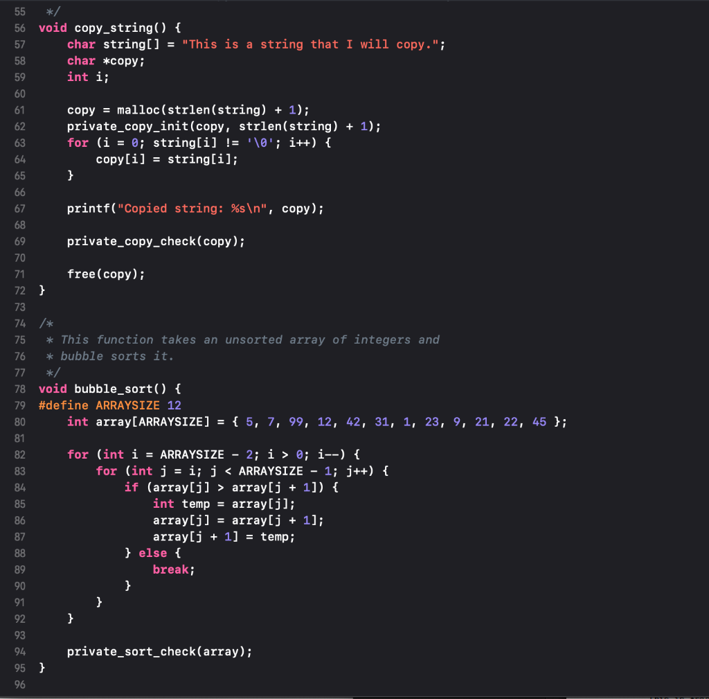 Solved 55 / 56 void copy_string) f 57 58 59 char string[] = | Chegg.com