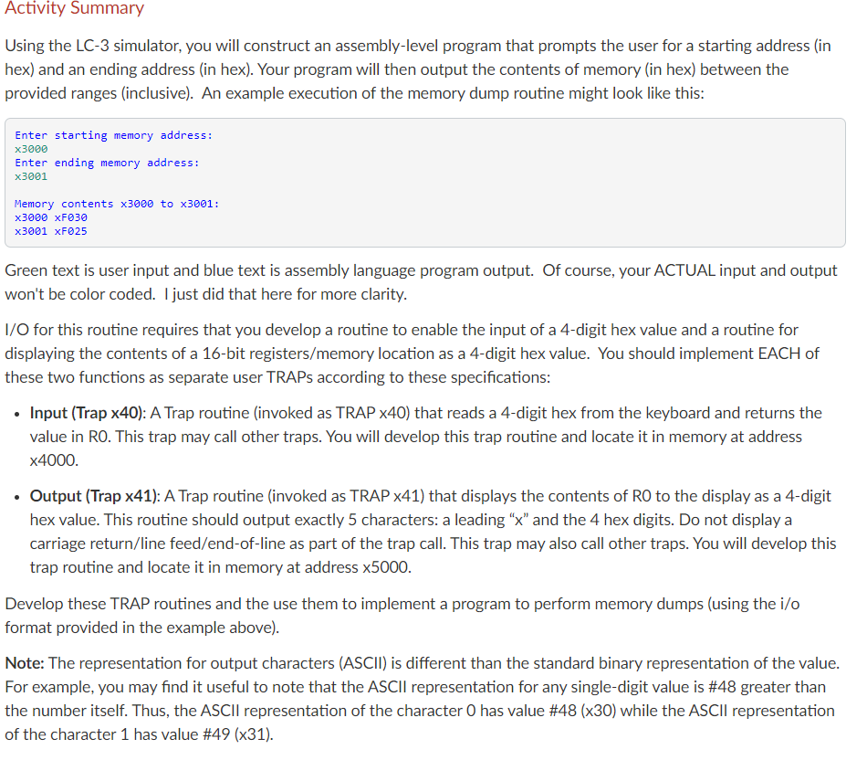 Solved Activity Summary Using the LC-3 simulator, you will | Chegg.com