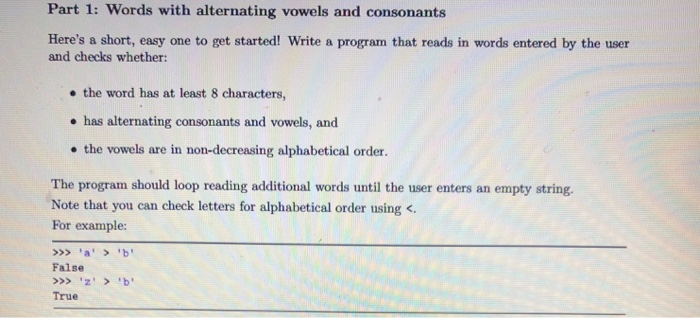 Solved Part 1: Words with alternating vowels and consonants | Chegg.com