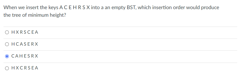 Solved When we insert the keys A C E H R S X into a an empty | Chegg.com