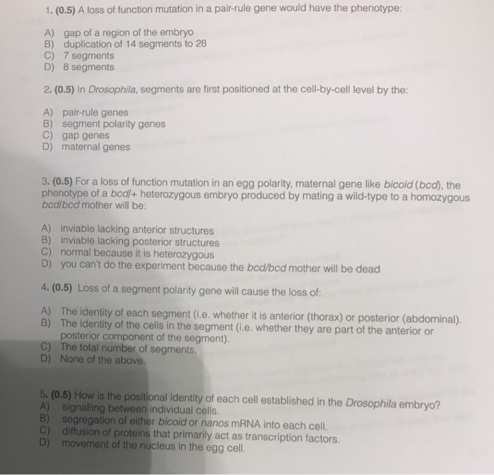 Solved 1. (0.5) A loss of function mutation in a pair-rule | Chegg.com