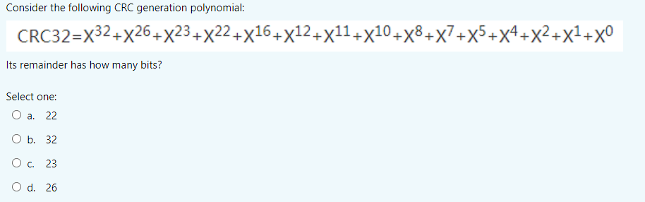 Solved Consider the following CRC generation polynomial: | Chegg.com