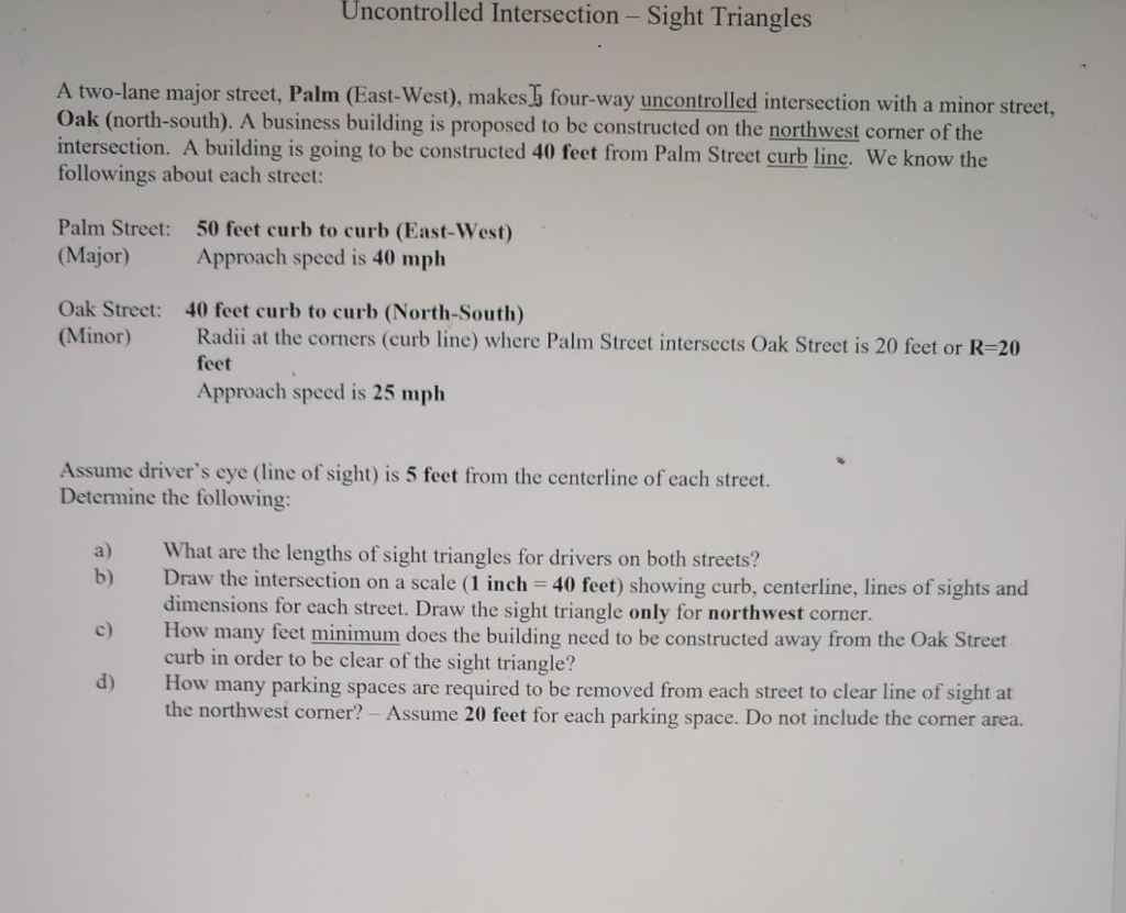 Uncontrolled Intersection Sight Triangles A two-lane | Chegg.com