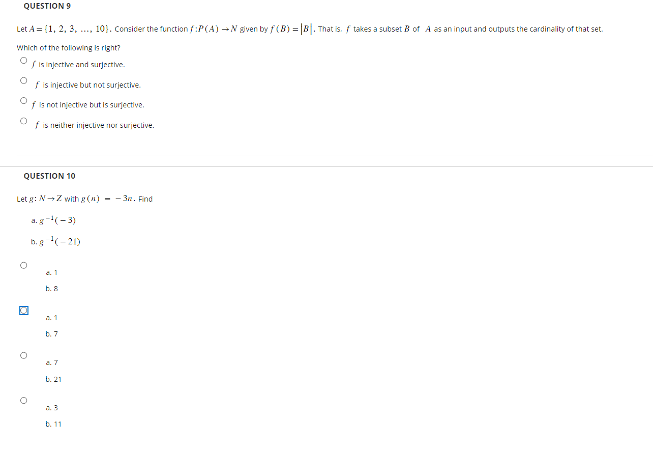 Solved Let A={1,2,3,…,10}. Consider the function f:P(A)→N | Chegg.com