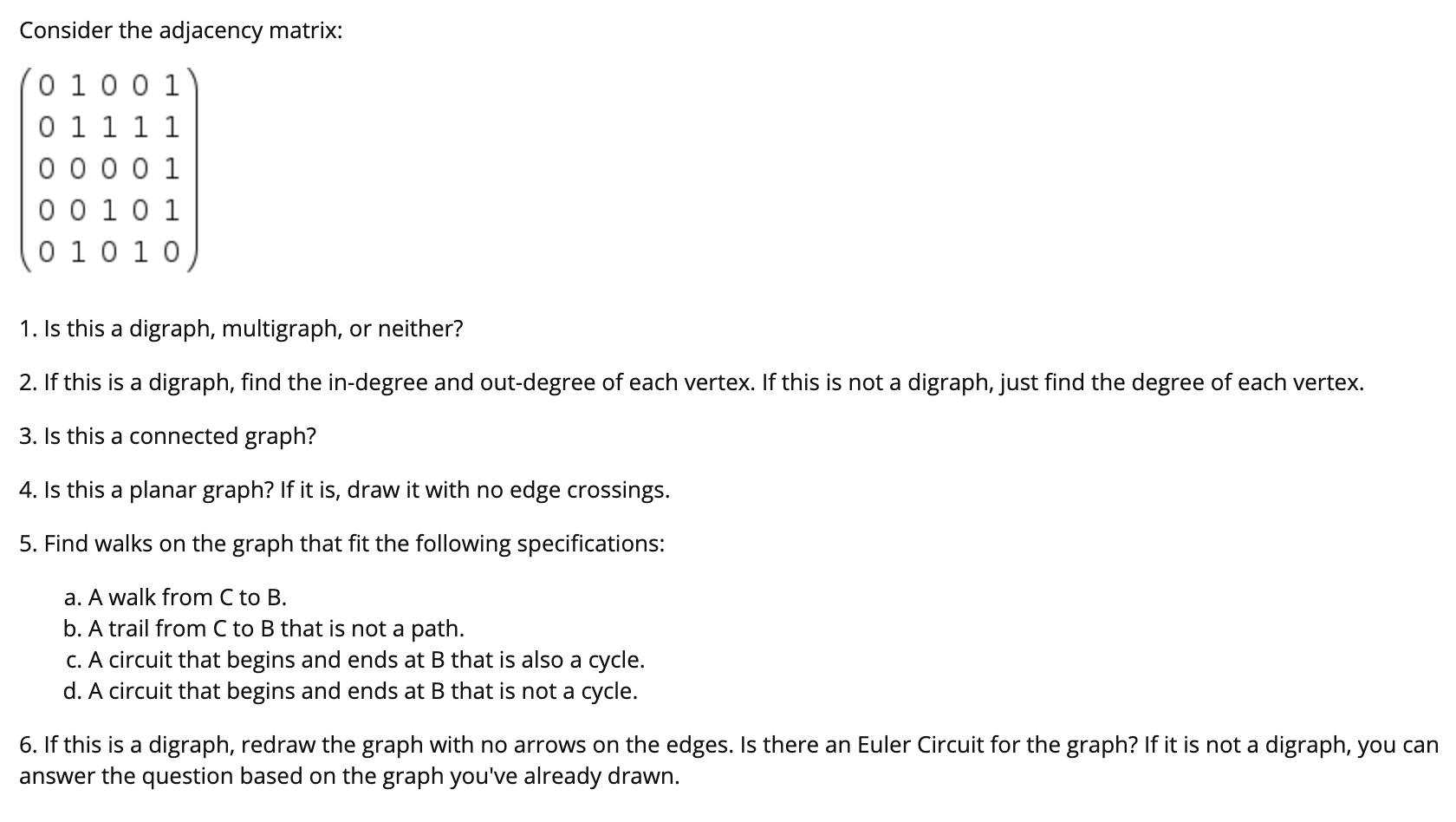 Solved Consider the adjacency matrix: 01001 0 1 1 1 1 OOOO1 | Chegg.com