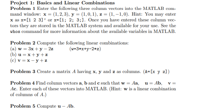 Solved Project 1: Basics and Linear Combinations Problem 1 | Chegg.com