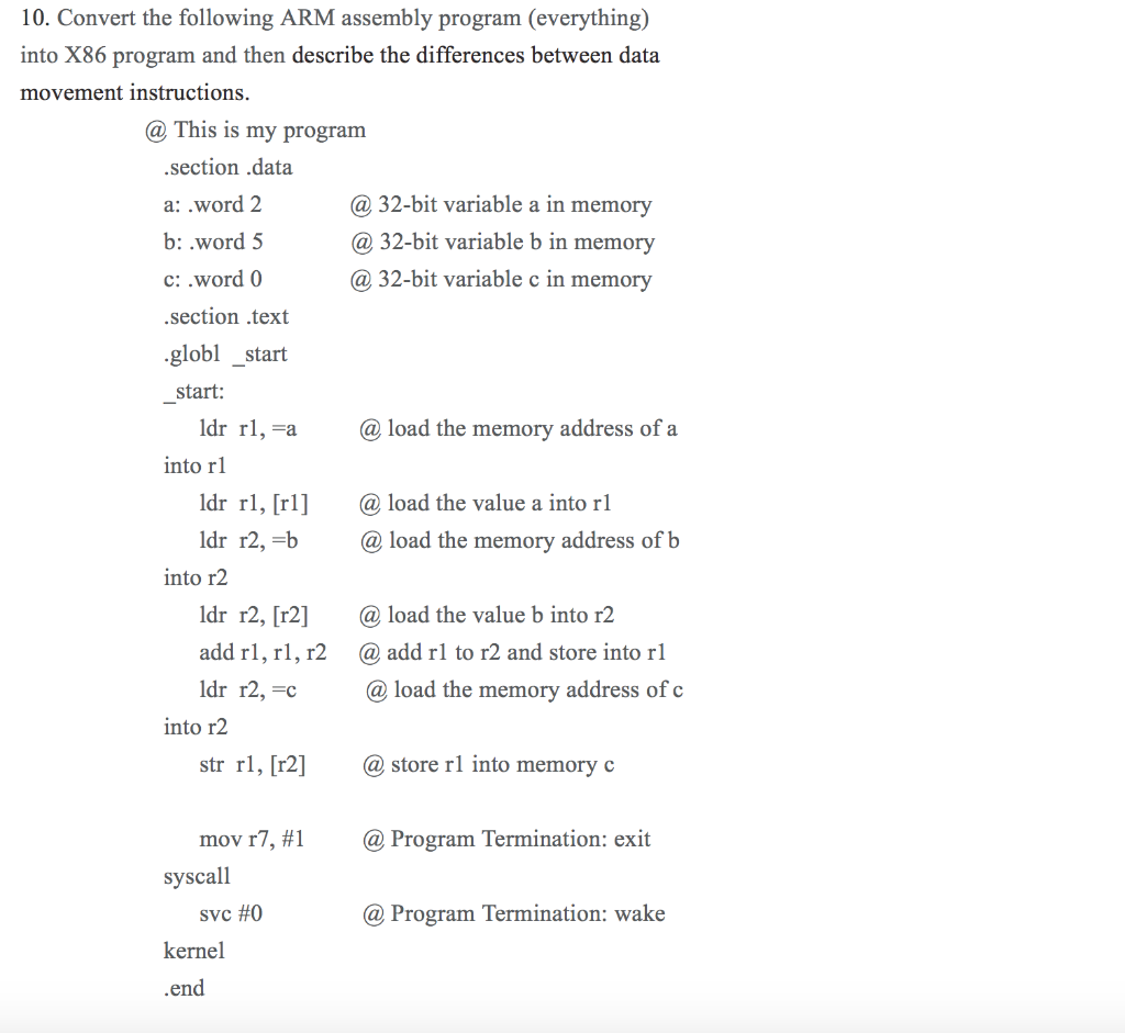 10. Convert the following ARM assembly program | Chegg.com