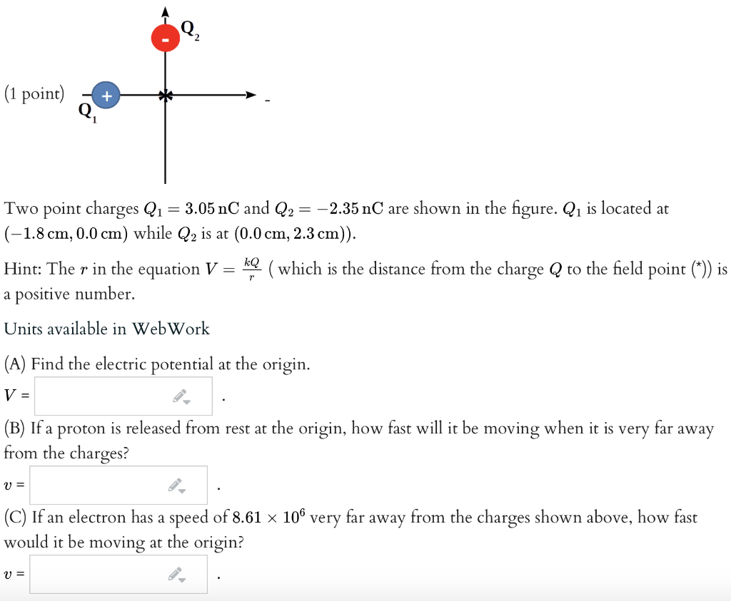 Solved (1 point) + Two point charges Q1 = 3.05 nC and Q2 = | Chegg.com