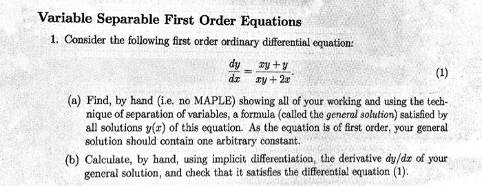 Solved Variable Separable First Order Equations 1. Consider | Chegg.com