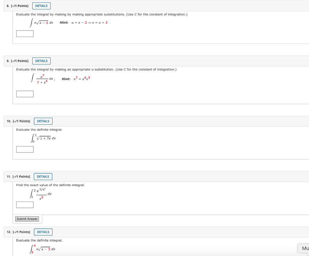 Solved 8. (-/1 Points) DETAILS Evaluate the integral by | Chegg.com Solved 8. (-/1 Points) DETAILS Evaluate the integral by | Chegg.com