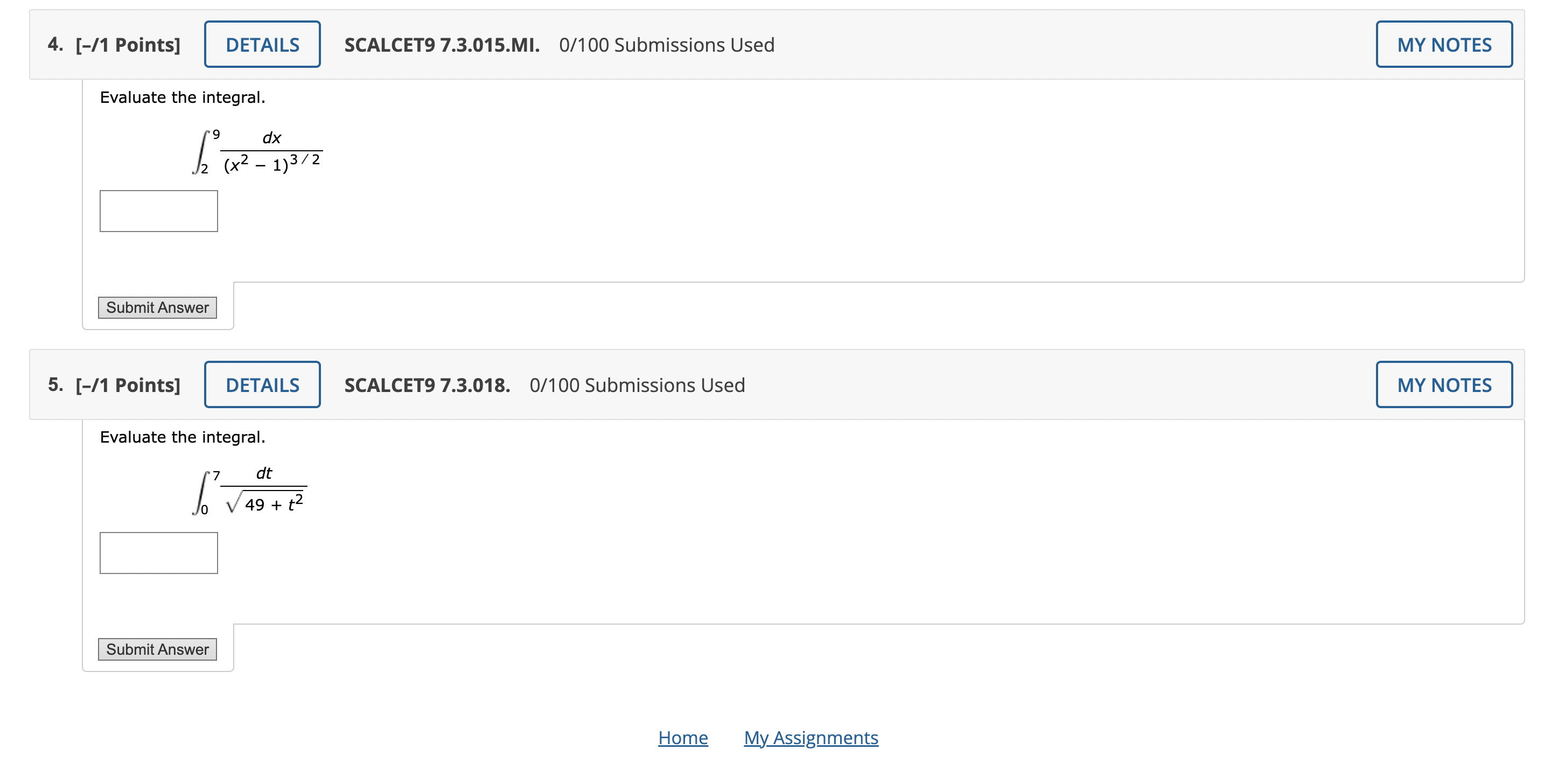 Solved -/1 Points] SCALCET9 7.3.015.MI. 0/100 Submissions | Chegg.com