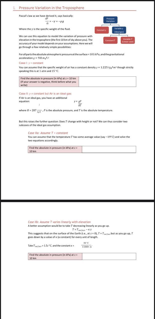 Solved 1. Pressure Variation in the Troposphere Pascal's law | Chegg.com