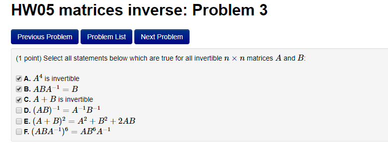 Solved HW05 matrices inverse: Problem 3 Previous Problem | Chegg.com