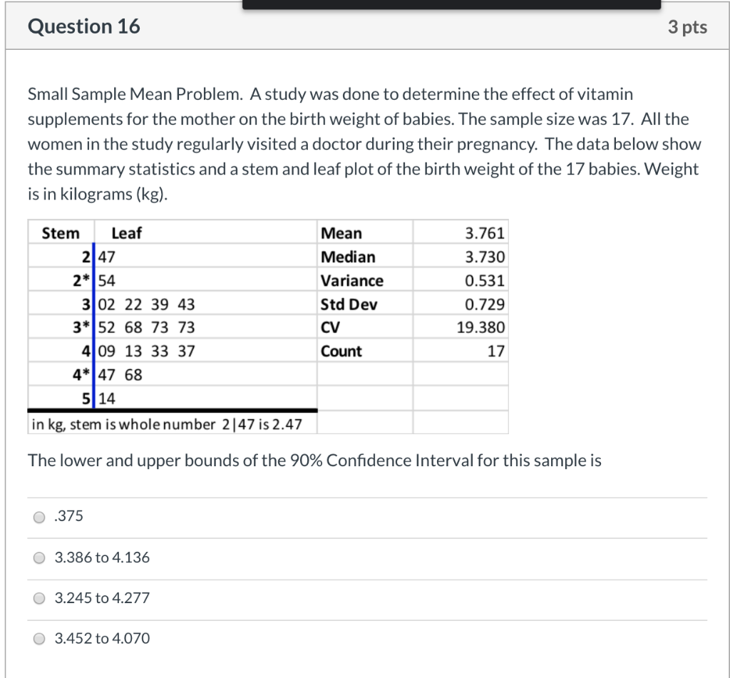 Solved Question 16 3 pts Small Sample Mean Problem. A study | Chegg.com