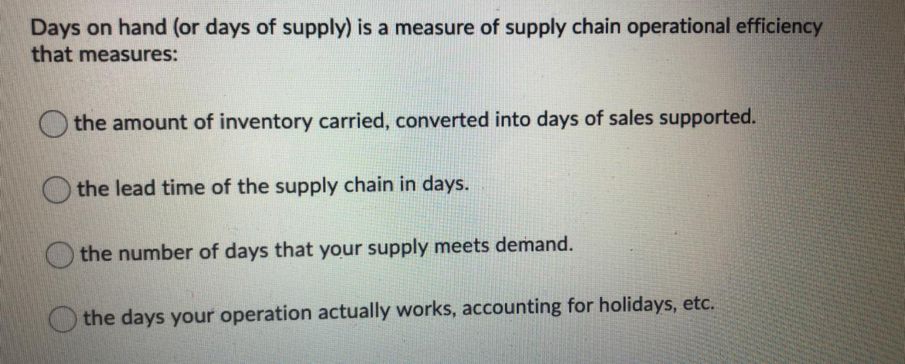 Solved Days on hand (or days of supply) is a measure of | Chegg.com