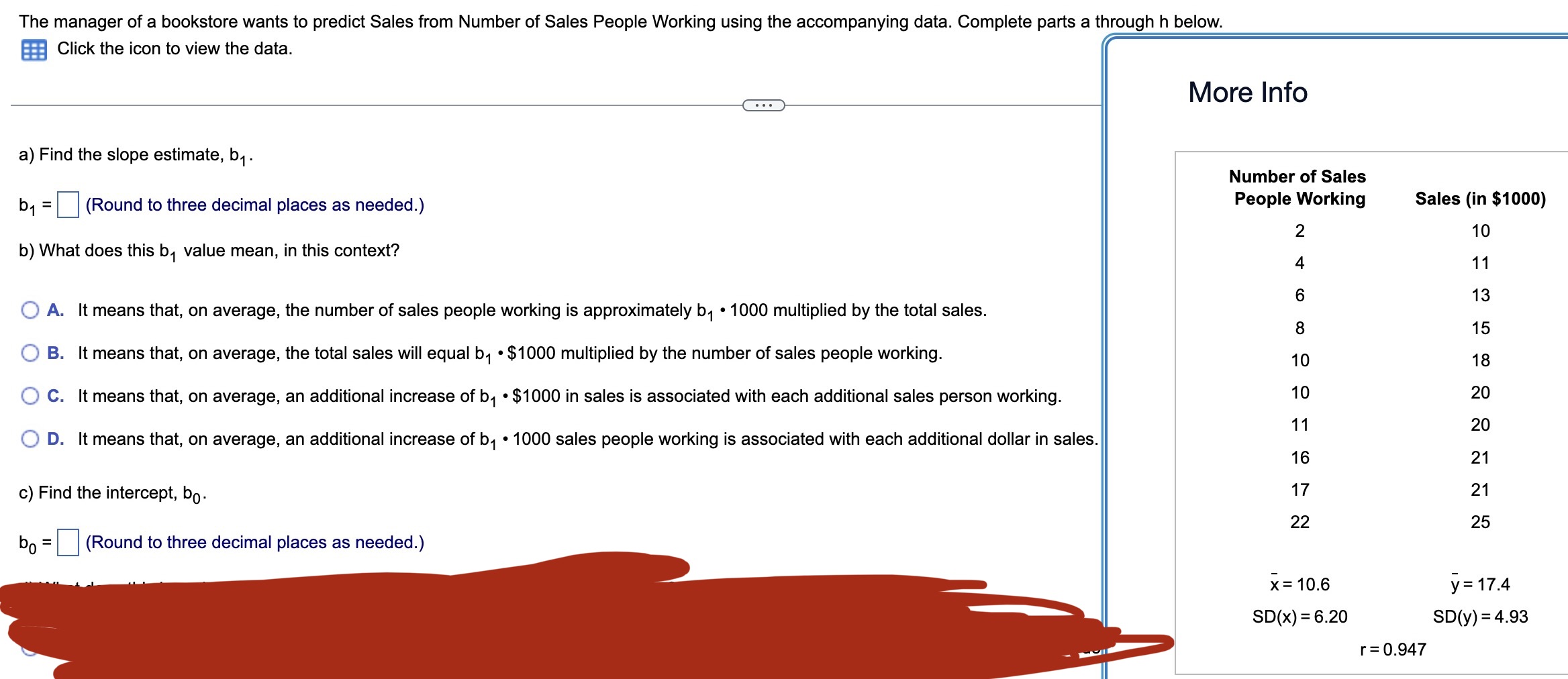 Solved More Info a) Find the slope estimate, b1. b1= (Round | Chegg.com