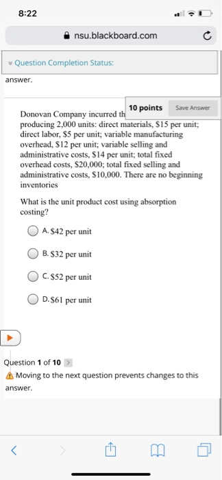 Solved 8:22 nsu.blackboard.com v Question Completion Status: | Chegg.com
