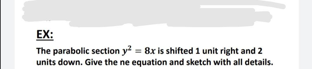 Solved EX: The parabolic section y2 = 8x is shifted 1 unit | Chegg.com