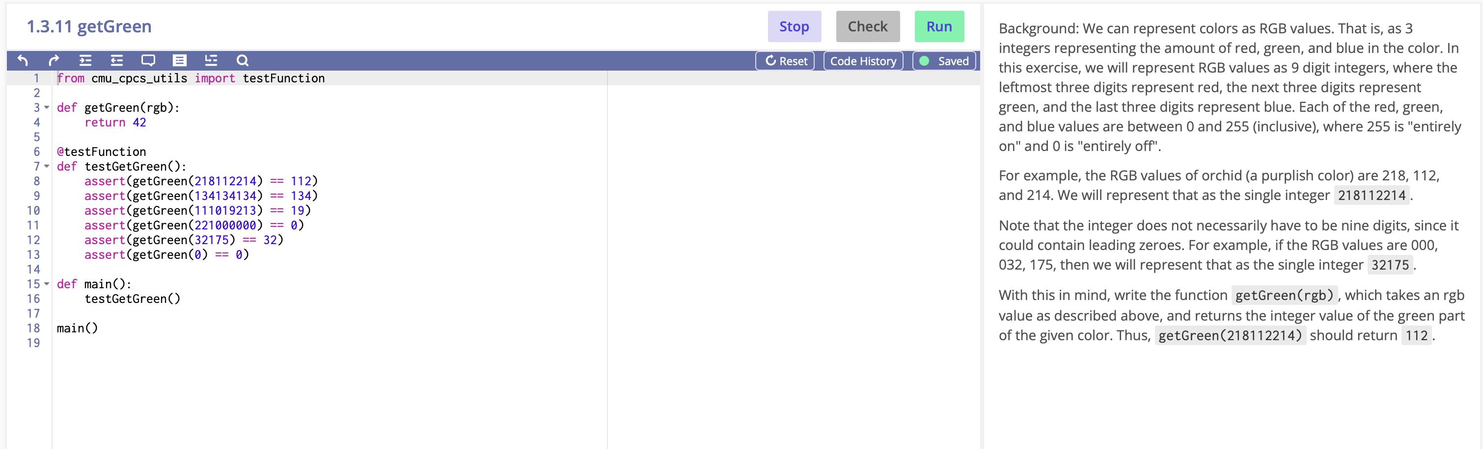Solved 1.3.11 ﻿getGreenfrom cmu_cpcs_utils import | Chegg.com