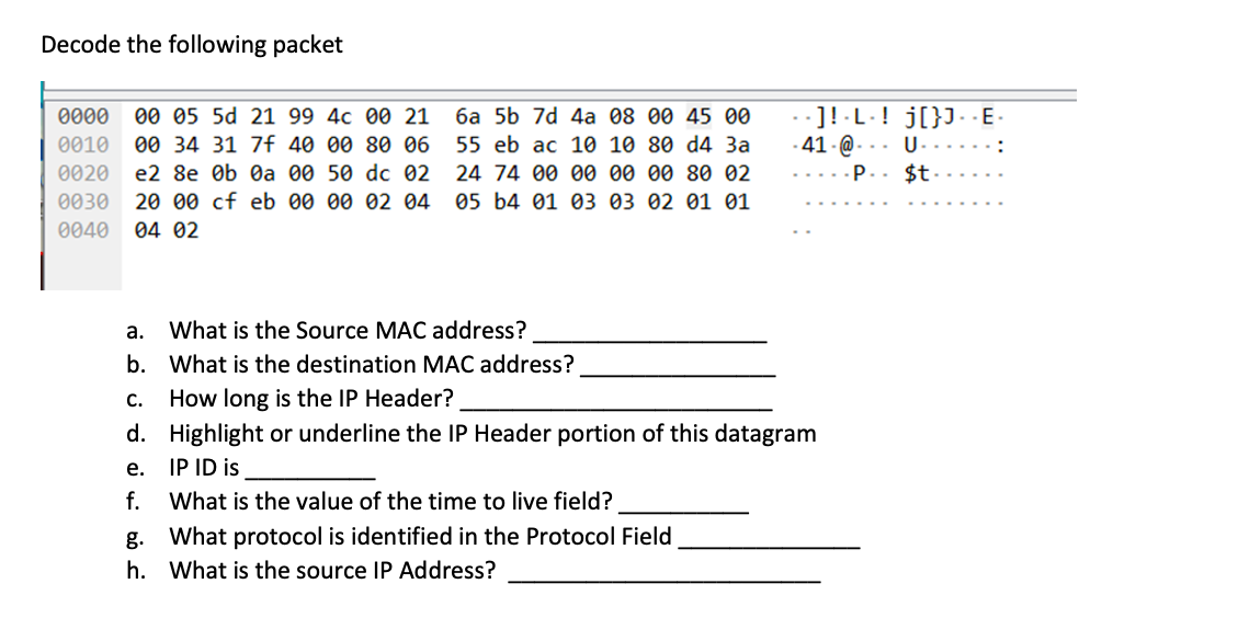 Solved Decode the following packet 0000 0010 0020 0030 0040 | Chegg.com