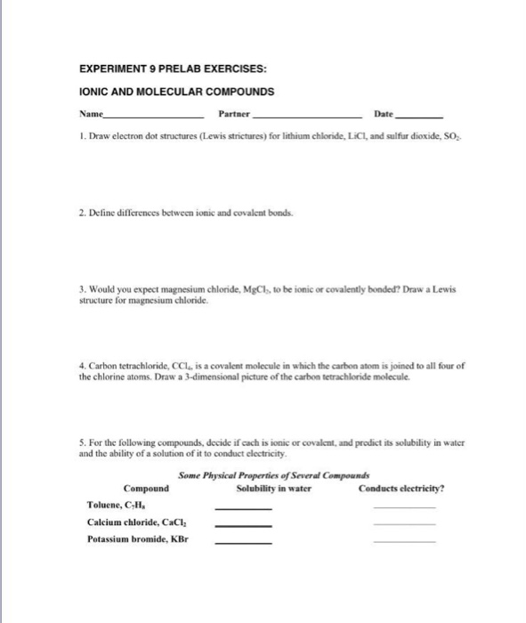 Solved EXPERIMENT 9 PRELAB EXERCISES: ONIC AND MOLECULAR | Chegg.com